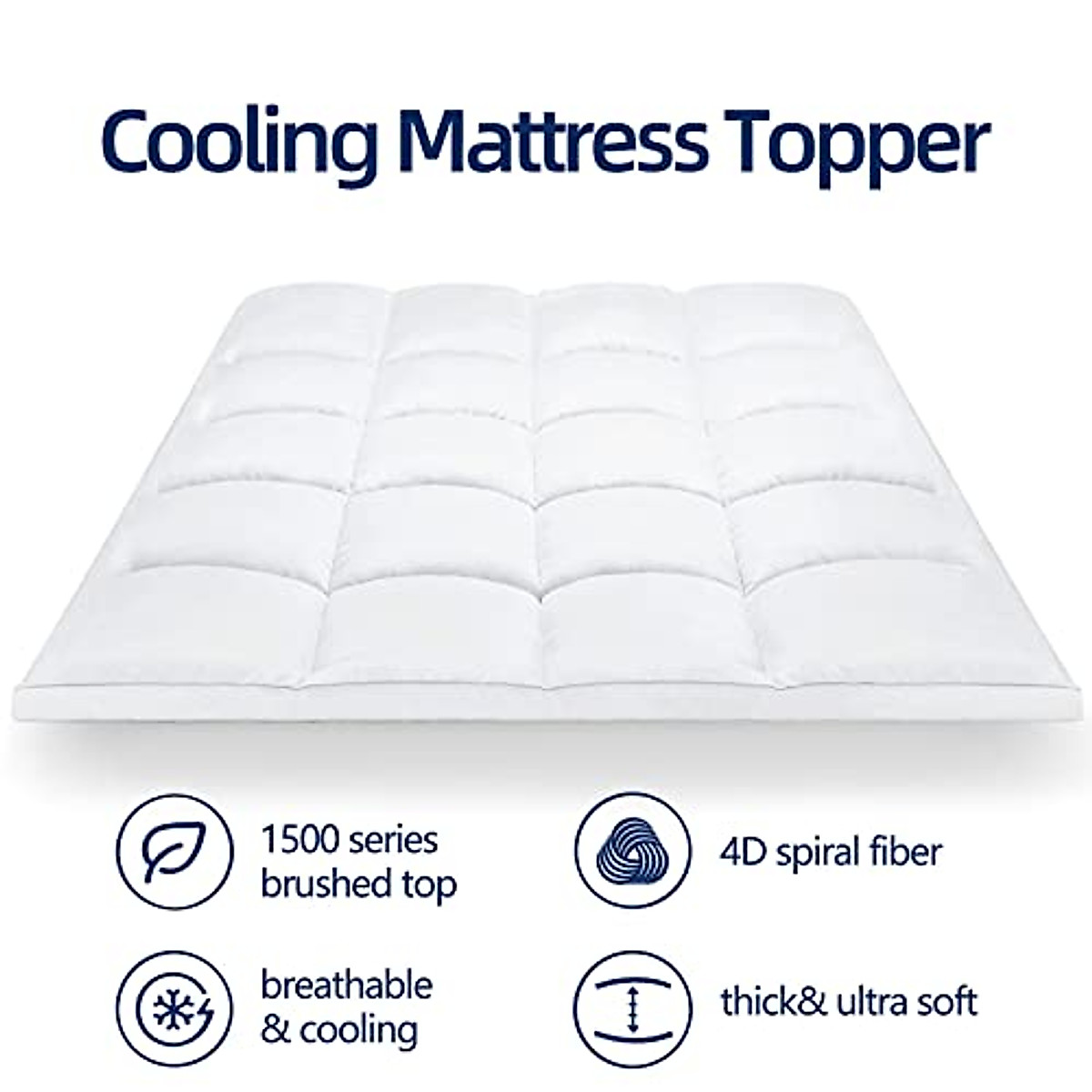 Cooling Mattress Topper Queen for Back Pain, Extra Thick Mattress Pad Cover, Plush Pillow Top Overfilled with Down Alternative, Deep Elastic Pocket, White