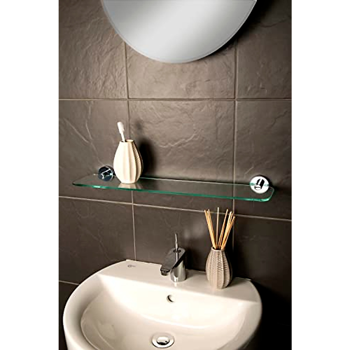 Croydex Metra Flexi-Fix Easy Fit Screw or Glue Glass Bathroom Shelf, 4.9in x 25.1in x 3.1in, Chrome