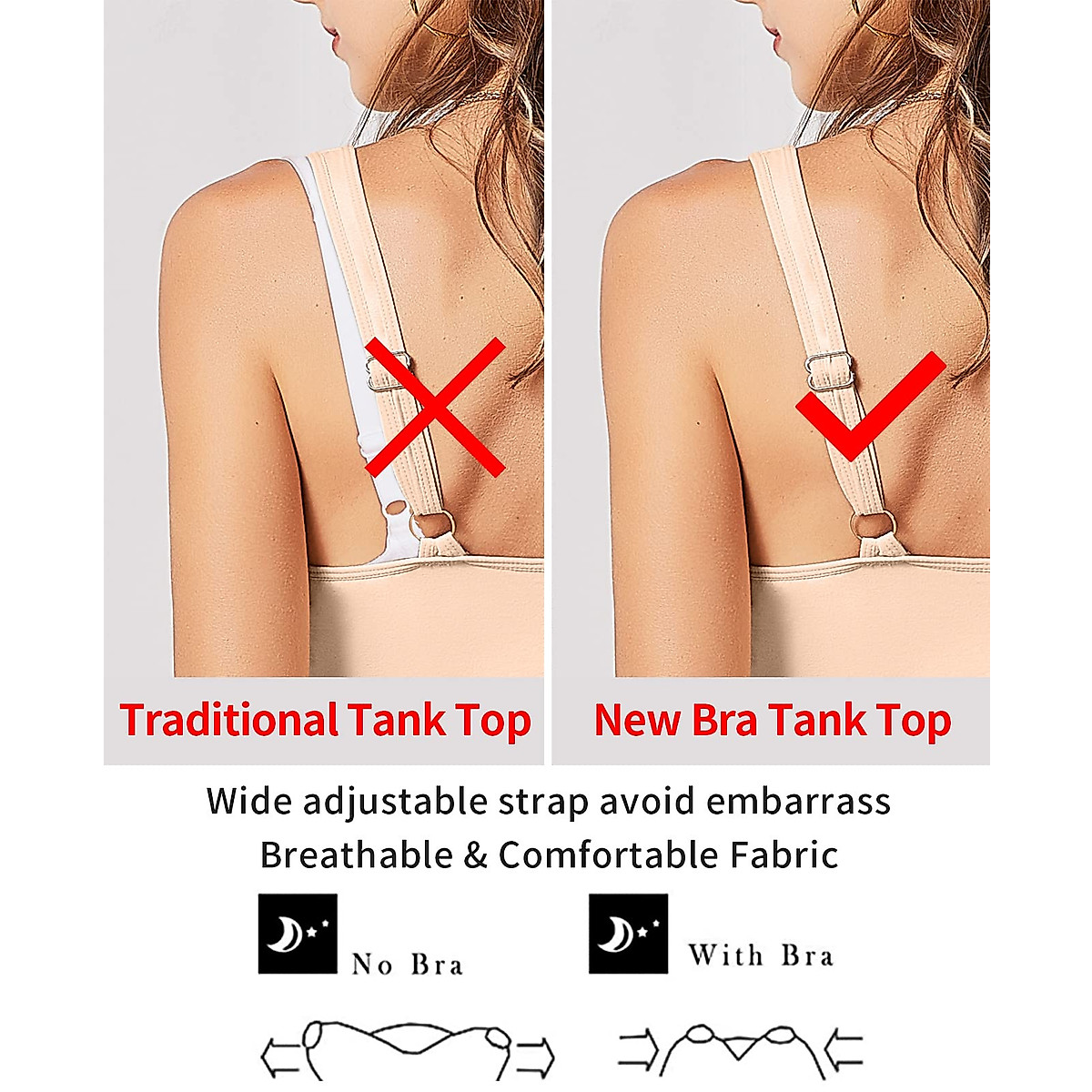 V FOR CITY Women's Built-in Bra Tank Adjustable Wide Strap Camisole Tops Scoop Neck Cotton Cami Shirts M