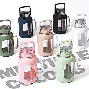 HYDRAGLAZIC 64oz Glass Water Bottle, Glass Tumblers with Straw and Handle, Cup with Silicone Sleeve, Wide Mouth Half Gallon Water Bottle with Time and Water Marker, Water Jug Black