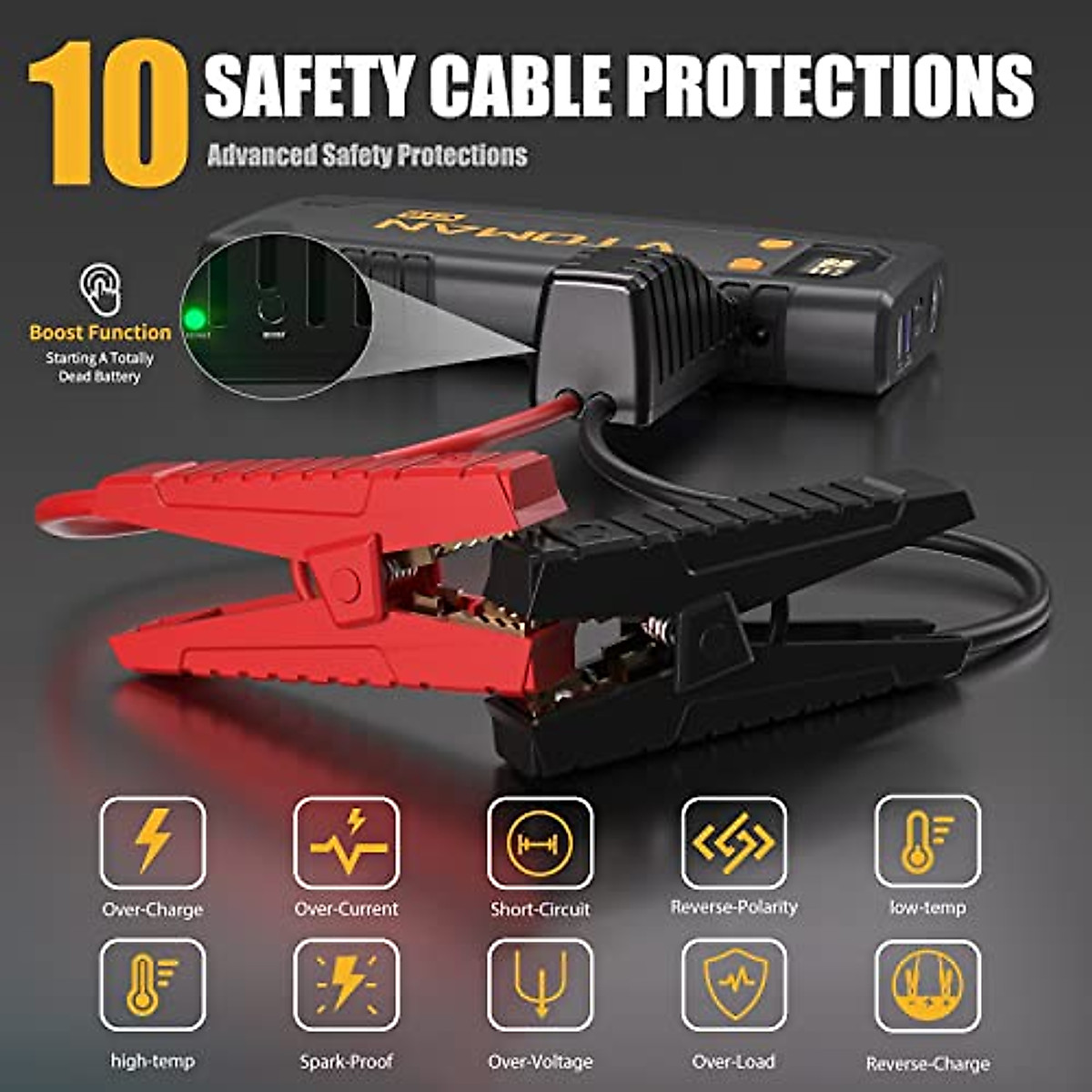 VTOMAN V10 Jump Starter, 2500A for 9L Gas and 7L Diesel Engine with PD30W Two-Way Quick Charge, Car Battey Charger Jump Box Portable, 12V Auto Battery Booster Power Pack with Jumper Cable WorkLight