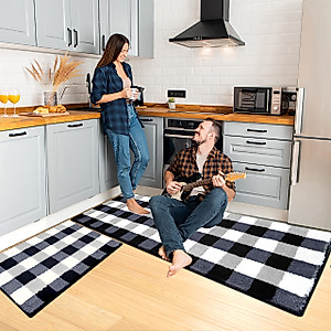 EARTHALL Buffalo Plaid Bathroom Rug Set 2 Pieces 20”x30”+20”x60”, Non Skid Washable Microfiber, Soft Absorbent Kitchen Rugs and Mats Set for Floor, Kitchen, Hallway, Bathroom, Laundry, Office