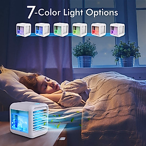 Portable Air Conditioner Fan, Personal Air Cooler with Icebox, USB Desk Fan with 3 Speeds, Evaporative Air Cooler for Home, Office & Outdoor Use, Air Humidifier, USB Charging, 7 Light Colors, Quiet