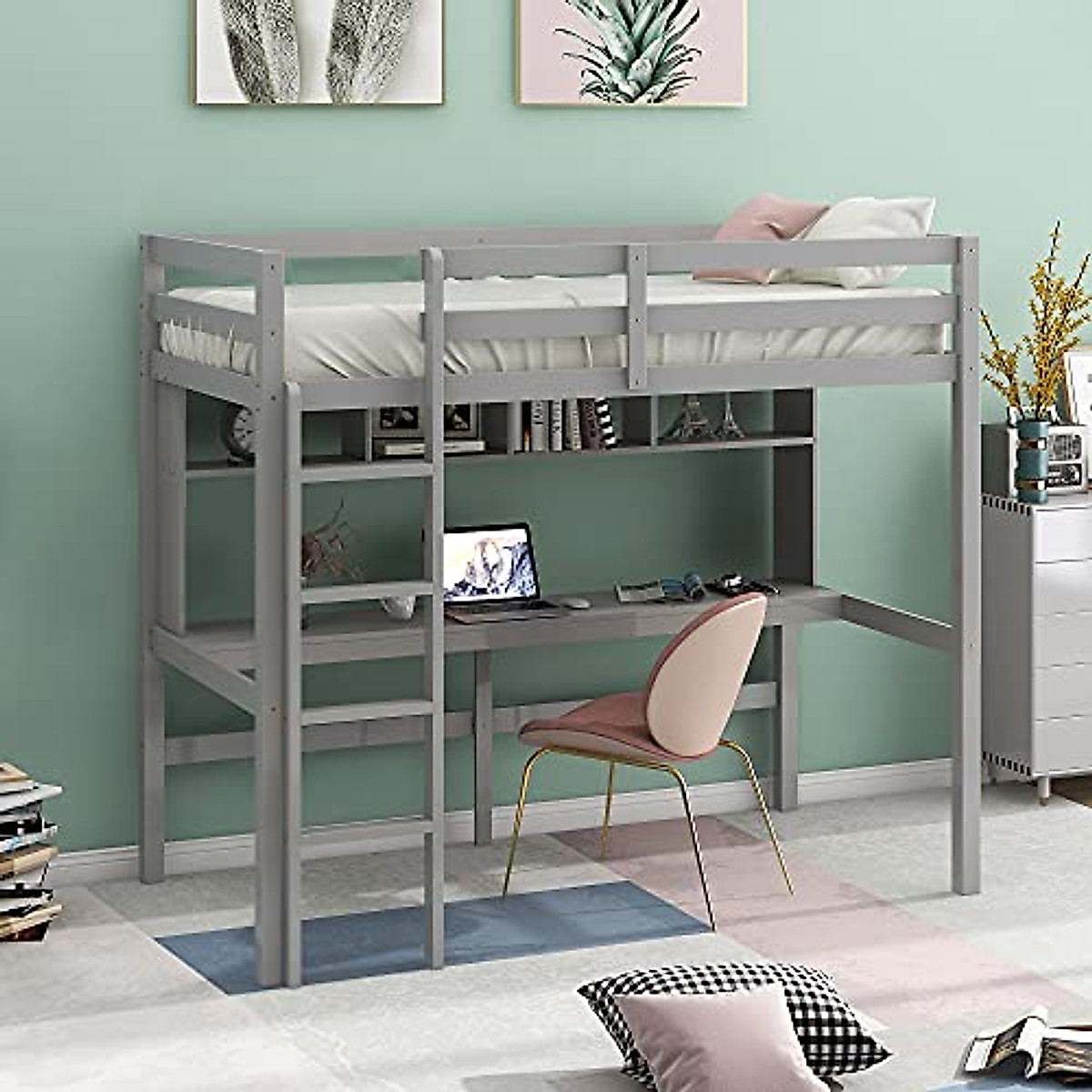 DEYOBED Twin Size Wooden Loft Bed Frame with Desk and Shelves - Create an Efficient and Stylish Workspace for Kids, Teens, and Adults