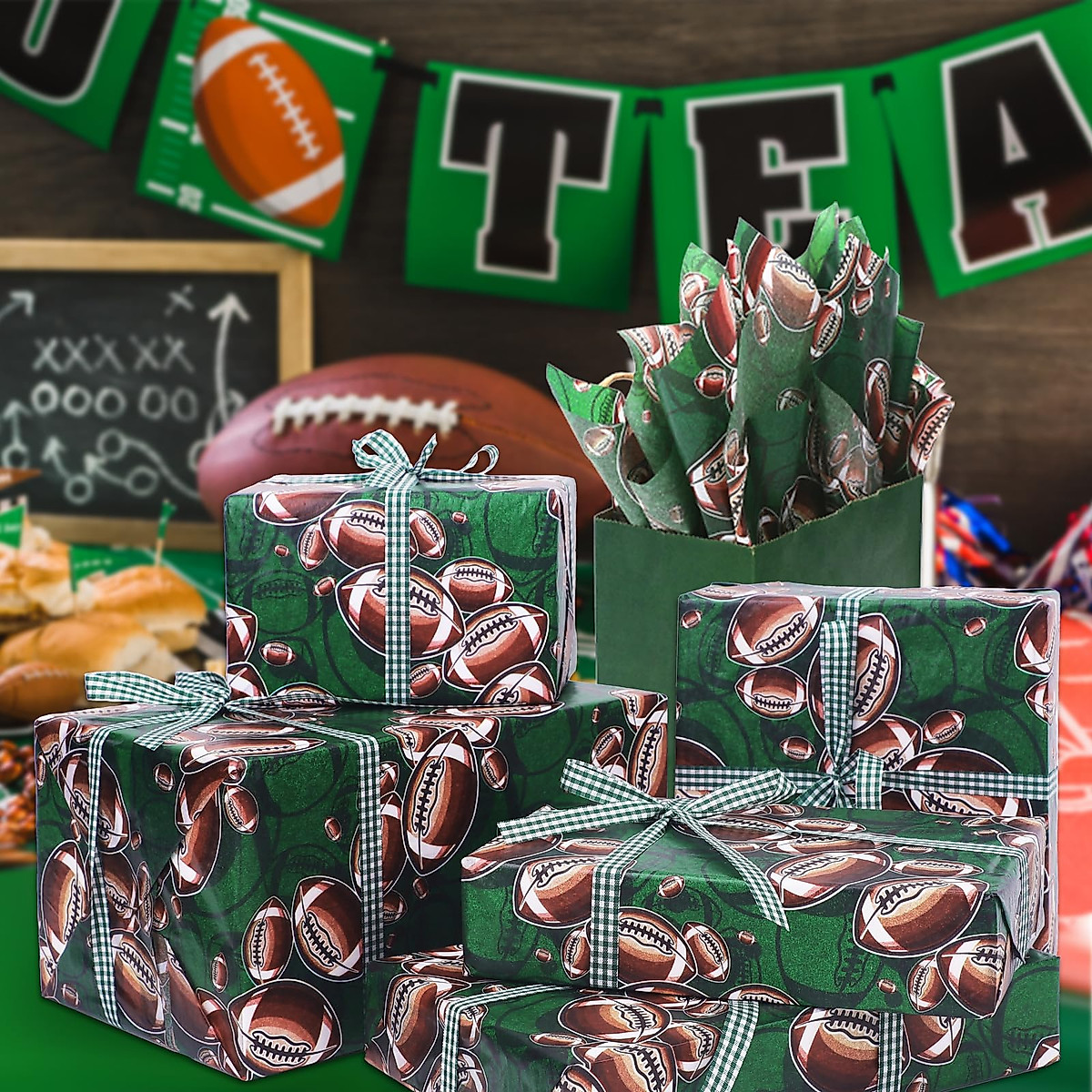 100 Sheets Football Pattern Tissue Paper, 20x14in Green Brown Football Art Tissue Paper for Sports Themed Party Gift Wrapping Thanksgiving Day Party Decor Gift Bag Fillers