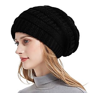 Roniky Winter Knit Beanie Hats for Women, Silk Satin Lined Chunky Cap Soft Stretch Cable Knit Warm Slouchy Beanie Hat Black