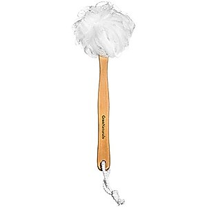 Shower Loofah on a Stick Body & Back Scrubber - Long Handled Mesh Bath Sponge Pouf Luffa Brush on a Stick with a Wood Handle for Men & Women - Easy Reach Body Wash & Lotion Applicator
