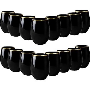 Smarty Had A Party Black Stemless Plastic Wine Glasses With Gold Rim Design (12 Oz.) - Pack Of 16 - Disposable & Chic, Perfect For Parties, Weddings, Events, Gatherings, & More