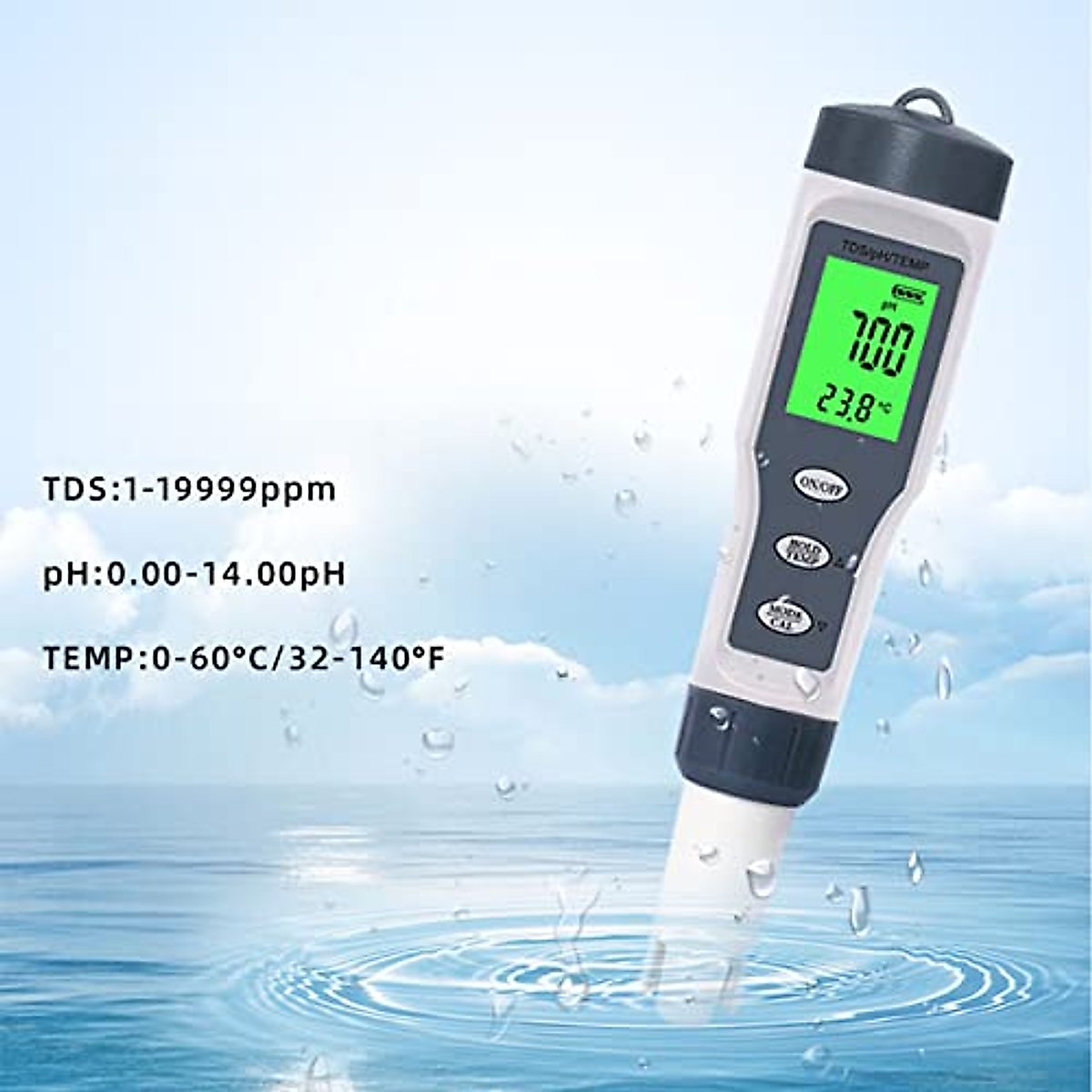Water Quality Tester Tool, Temp PH Meter 3 in 1 Portable Auto Calibration Wide Test Range for Pool
