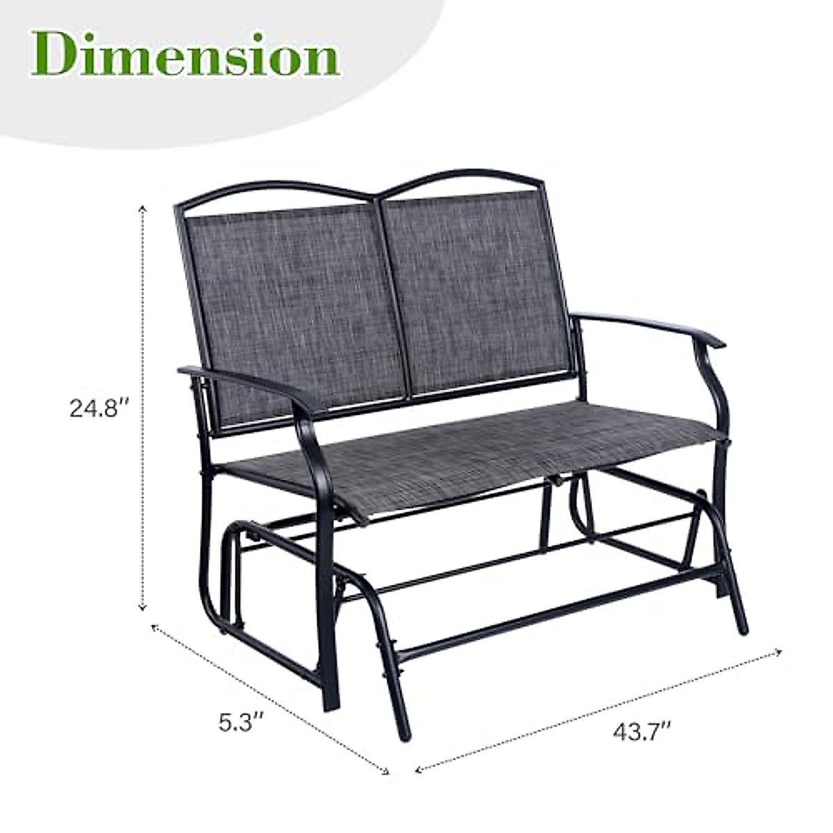 Backyard Expressions 2-Person Outdoor Glider Bench, Patio Double Swing Rocking Chair Loveseat w/Powder Coated Steel Frame for Backyard Garden Porch, Black Frame - Heathered Grey Sling Fabric