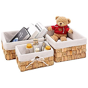YOUDENOVA Wicker Baskets for Organizing, Water Hyacinth Storage Baskets with Handles, Set of 3 (Large & Medium & Small), 14.2" x 10.6" x 7.1"