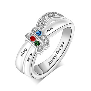 Seecoco Sterling Silver Personalized Mother Rings with 1-8 Simulated Birthstones for Woman Engraved Name Ring Custom Family Ring for Mom, Grandmother in Mother Days, Birthday, Christmas (Color 3)