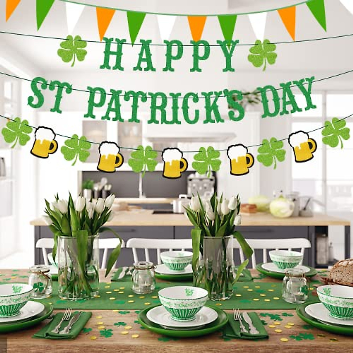 St Patricks Day Banner, SEPGLITTER 3 Strings St. Patrick's Banner Gold Glitter Saint Patricks Day Decorations Happy St. Patrick's Day Banner Decor with Clover Signs for Shamrock Garland Party Supplies