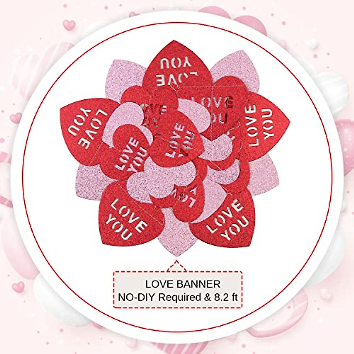 MAGICMAI Valentines Day Decoration - Happy Decor Heart Banner | Valentine Party Decorations Garland for Anniversary Wedding Supplies (Red Glitter)