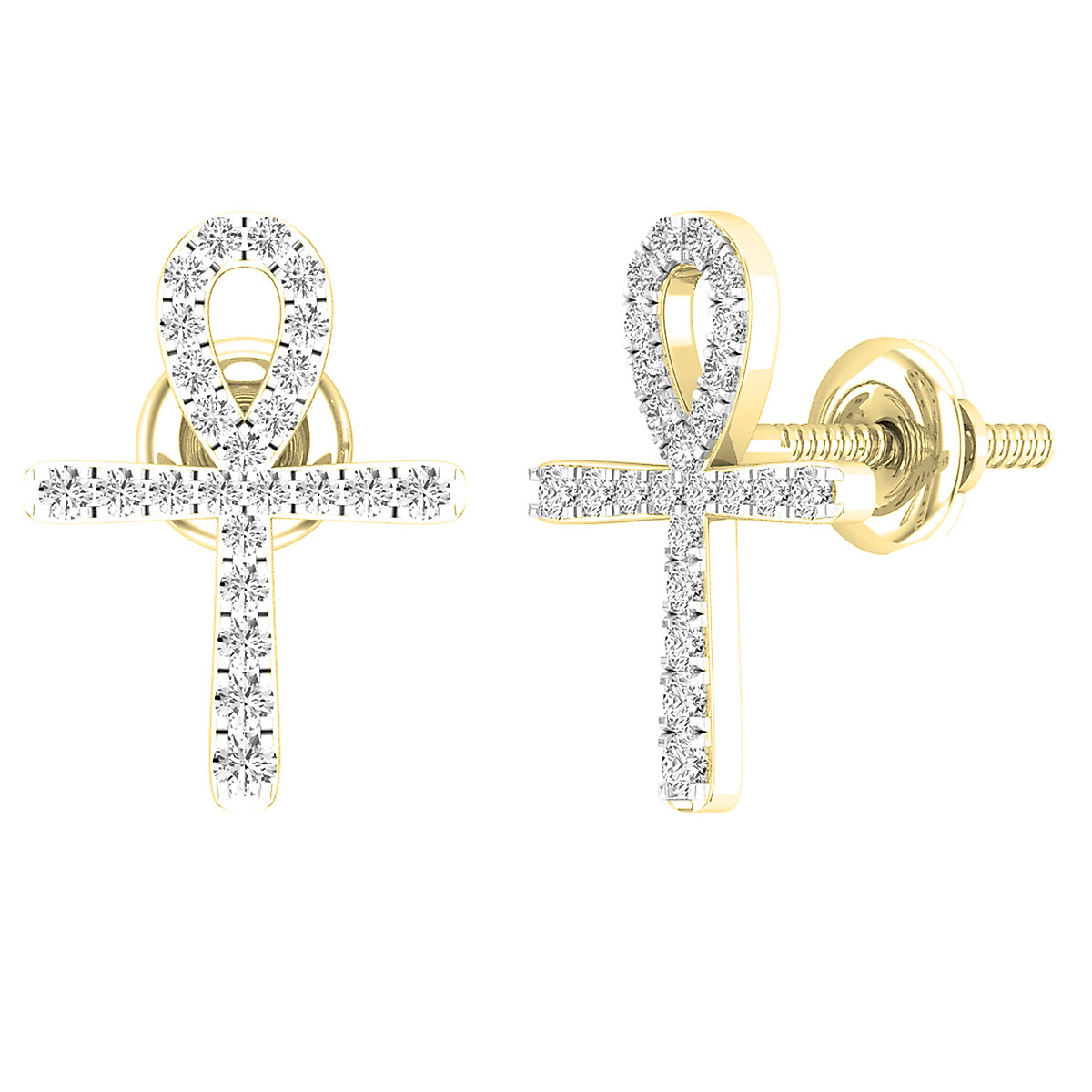 Dazzlingrock Collection - 0.25 Carat (ctw) Round White Diamond Ladies Ankh Cross Stud Earrings 1/4 CT, 10K Yellow Gold