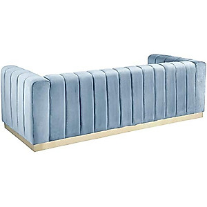 Meridian Furniture Marlon Collection Modern | Contemporary Velvet Upholstered Sofa with Deep Channel Tufting, Stainless Steel Base in a Brushed Gold Finish, 86.5" W x 34" D x 28" H, Sky Blue