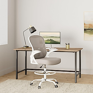 Winrise Drafting Chair, Tall Office Chair Ergonomic Standing Desk Chair, Lumbar Support Computer Chair Swivel Task Rolling Chair with Adjustable Flip-up Armrests & Foot Ring (Gray)