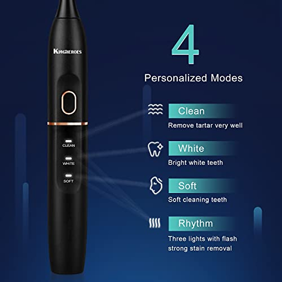 kingheroes Sonic Electric Toothbrush with 8 Brush Heads & Travel Case，4 Modes, One Charge for 60 Days, 42000 VPM Motor，Black Electric Toothbrush Set