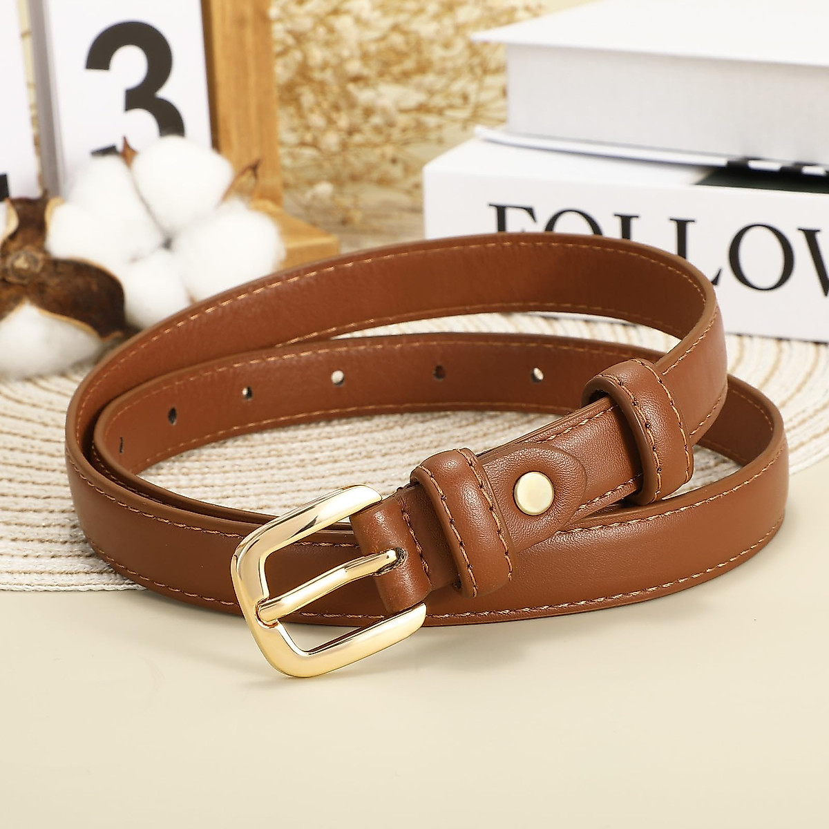 SANSTHS 2 Pack Women Thin Leather Belt for Dresses Fashion Ladies Skinny Waist Belt for Jeans Pants,black+brown,M
