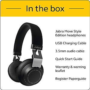 Jabra Move Style Edition, Black – Wireless Bluetooth Headphones with Superior Sounds Quality, Long Battery Life, Ultra-Light and Comfortable Wireless Headphones, 3.5 mm Jack Connector Included