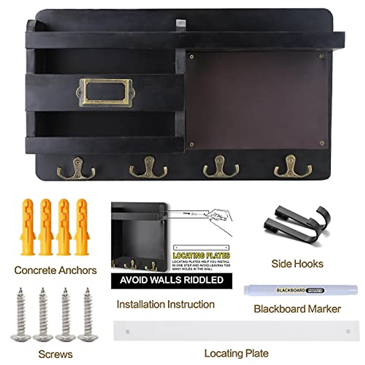 Kanmart Key Hooks for Wall Decorative: Retro Key Hanger with 4 Key Holders, Mail Organizer with Mail Slot, Side Hooks, Magnetic Blackboard & Marker, Black, KM-H01