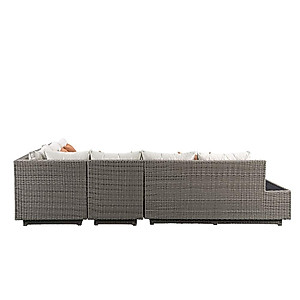 DHPM Furniture PE Brown Rattan Wicker Sectional Outdoor Sofa Set Outside Couch w/Washable Seat Cushions & Modern Glass Wedge Table for Patio, Backyard, Gray