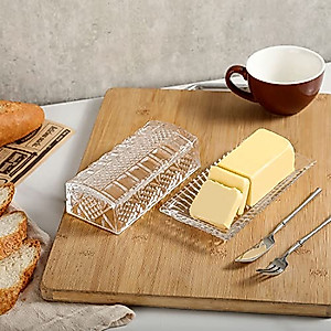 MyGift Clear Covered Butter Dish Glass Butter Keeper with Vintage Embossed Diamond Pattern Design