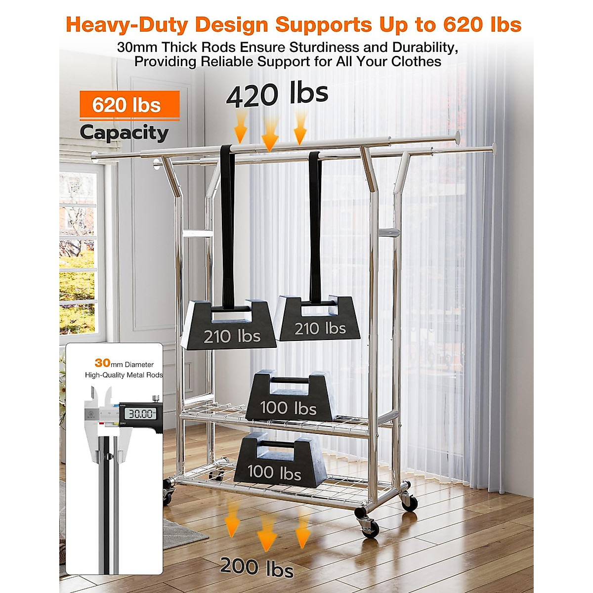 XBurmo Heavy Duty Clothing Rack - Portable Rolling Clothes Rack with Wheels, Adjustable Garment Racks for Hanging Clothes, Free Standing Metal Clothing Rack for Home, Commercial, Laundry Room, Silver