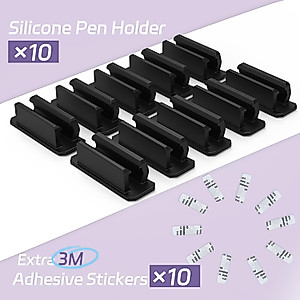 Paiholy 10 Pack Silicone Pencil Holder, Adhesive Pen Holder for Desk with 10 Extra 3M Pads, Marker Holder for Classroom and Teacher, Pen Clip for Clipboard Office Desk Accessories, Black