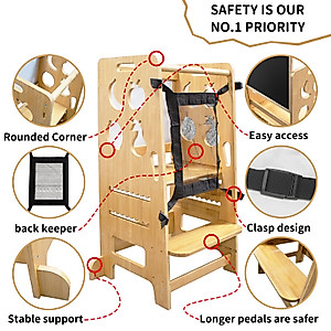 Wooden Brown 1-3 Toddler Tower Kitchen Helper,Height Adjustable Learning Standing Tower with Black and White Activity Board & Safety Net Perfect for Kitchen, Bathroom and Bedroom Children Step Stool