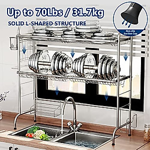 MOUKABAL Over The Sink Dish Drying Rack, Over Sink Dish Drying Rack with 2 Tier Utensil Holder,Large Stainless Steel Dish Racks for Kitchen Counter(fit≤33" Sink)