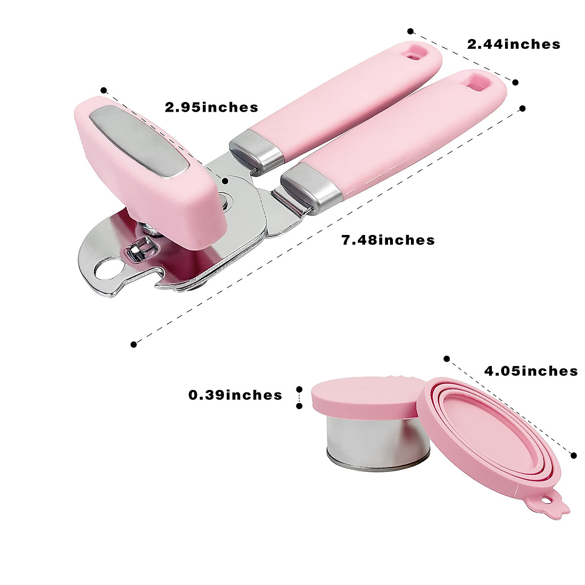 Uyauld Manual Can Opener, Handheld Tin Opener Cork Screw, Easy Turn Knob, Built in Bottle Opener, Hangs for Convenient Kitchen Storage, Easily Open Tin Cans, 2 Silicone Lid Cover for Can, Pink
