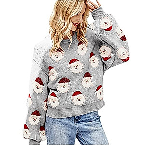 Womens Teen Girls Cute Santa Claus Pattern Pullover Sweaters Funny Ugly Christmas Sweaters Winter Long Sleeve Knit Tops Gray
