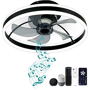 DewShrimp Low Profile Bladeless Ceiling Fan with Speaker, 19.8" Smart Fan Compatible with Alexa/Google Assistant/App Control, 6 Speed Flush Mount Dimmable LED Lights