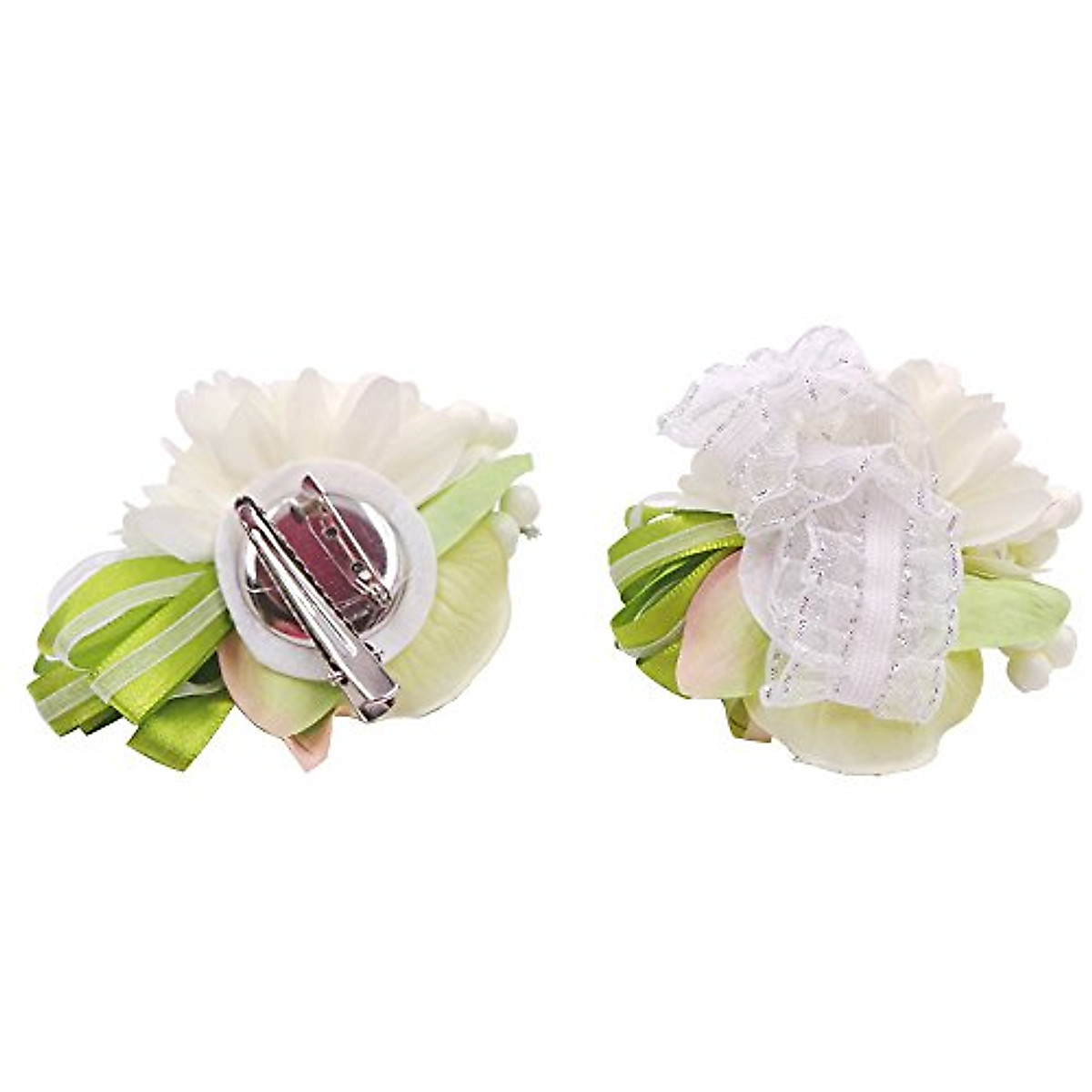 Ansuma Flower Wrist Corsage Wristlet Band Bracelet and Men Boutonniere Brooch Set for Wedding Flowers Accessories Prom Suit Decoration (X005WT)