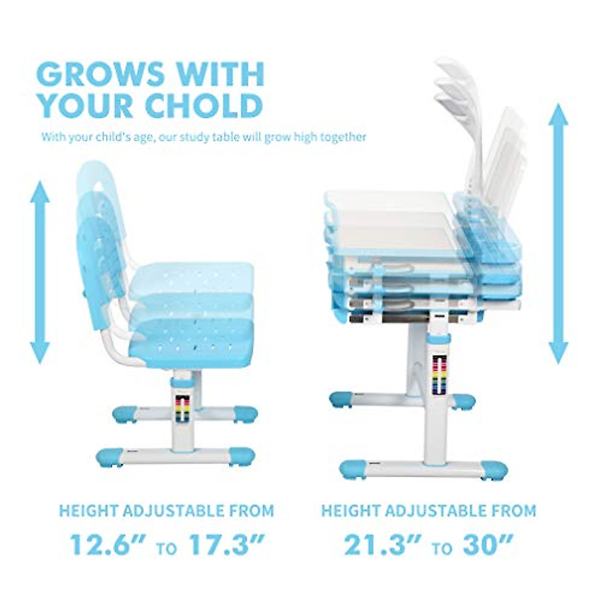 Diroan Kids Functional Desk and Chair Set, Height Adjustable Children School Study Desk with Tilt Desktop, Book Stand, LED Light, Metal Hook and Storage Drawer for Boys Girls Blue