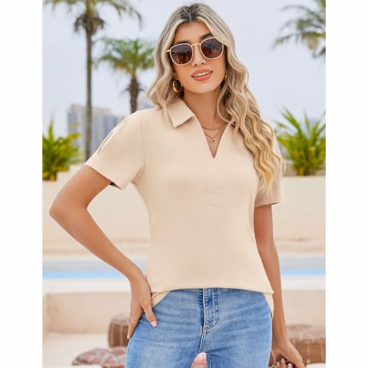 ZHENWEI Short Sleeve Summer Shirts Women V Neck Collared Polo Tunic Tops Work Blouse,Apricot,S