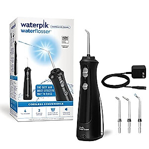 Waterpik Cordless Pearl Water Flosser Rechargeable Portable Water Flosser for Teeth, Gums, Braces Care and Travel with 4 Flossing Tips, ADA Accepted, WF-13 Black