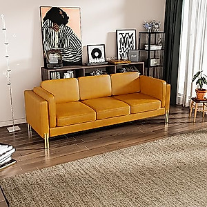 Goohome 94.88" Large PU Faux Leather Sofa, Mid-Century Modern Comfort Breathable Upholstered 3-Seater Sofá with Gold Metal feet and Removable Cushions, for Living Room Furniture Apartment, E-Brown a