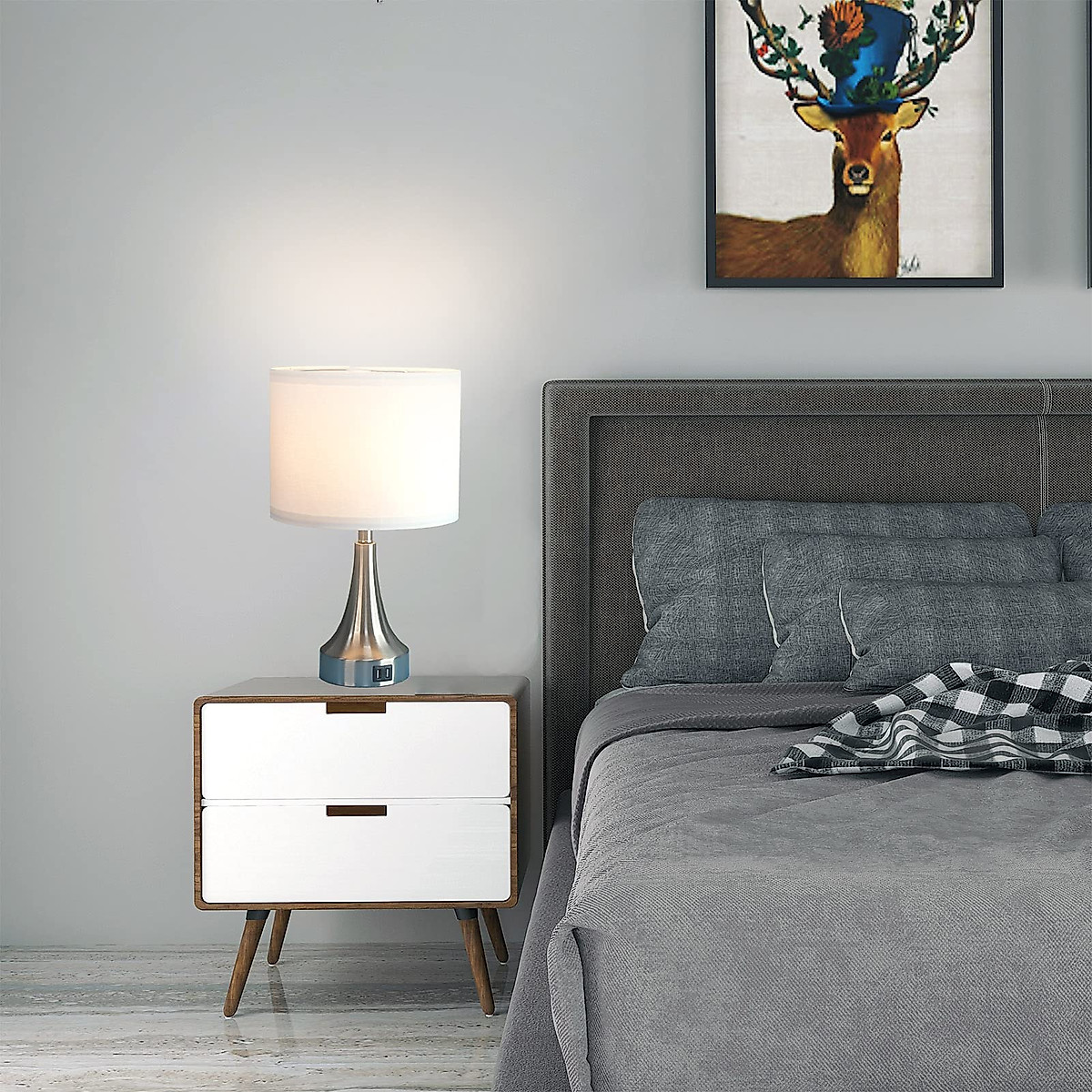 AMUV Lamps for Bedrooms Set of 2,Bedside Lamps Set of 2 with 2 USB Ports & AC Outlet,3-Way Dimmable Touch Nightstand Lamps Set of 2 for Living Room Office, White Fabric Shade,2700K Bulb Included