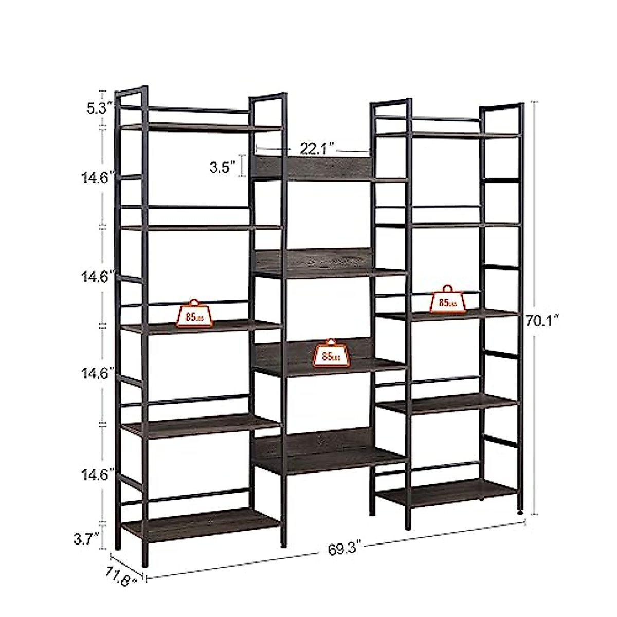 5-Shelf Wide Bookshelves, Industrial Retro Wooden Style Large Open Bookcases, 69.3''L x 11.8''W x 70.1''H, Dark Grey