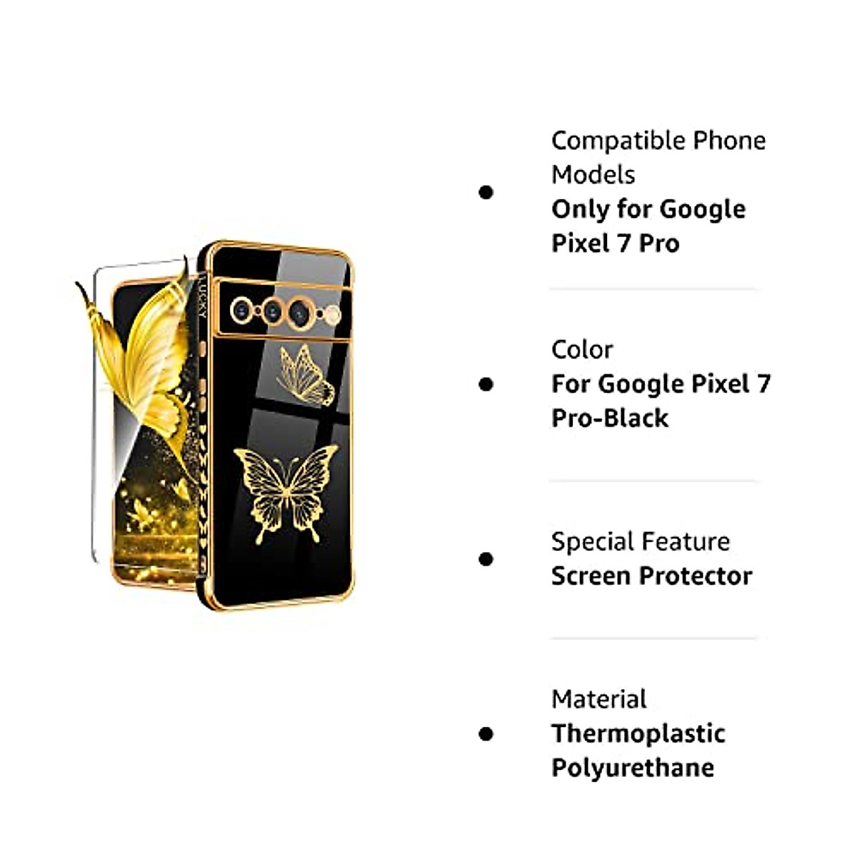 Coralogo for Google Pixel 7 Pro Case Butterfly for Women Girls Girly Pretty Phone Cases Cute Black and Gold Plating Butterflies Design with Screen Aesthetic Cover for Pixel 7 Pro 5G 2022 6.7"