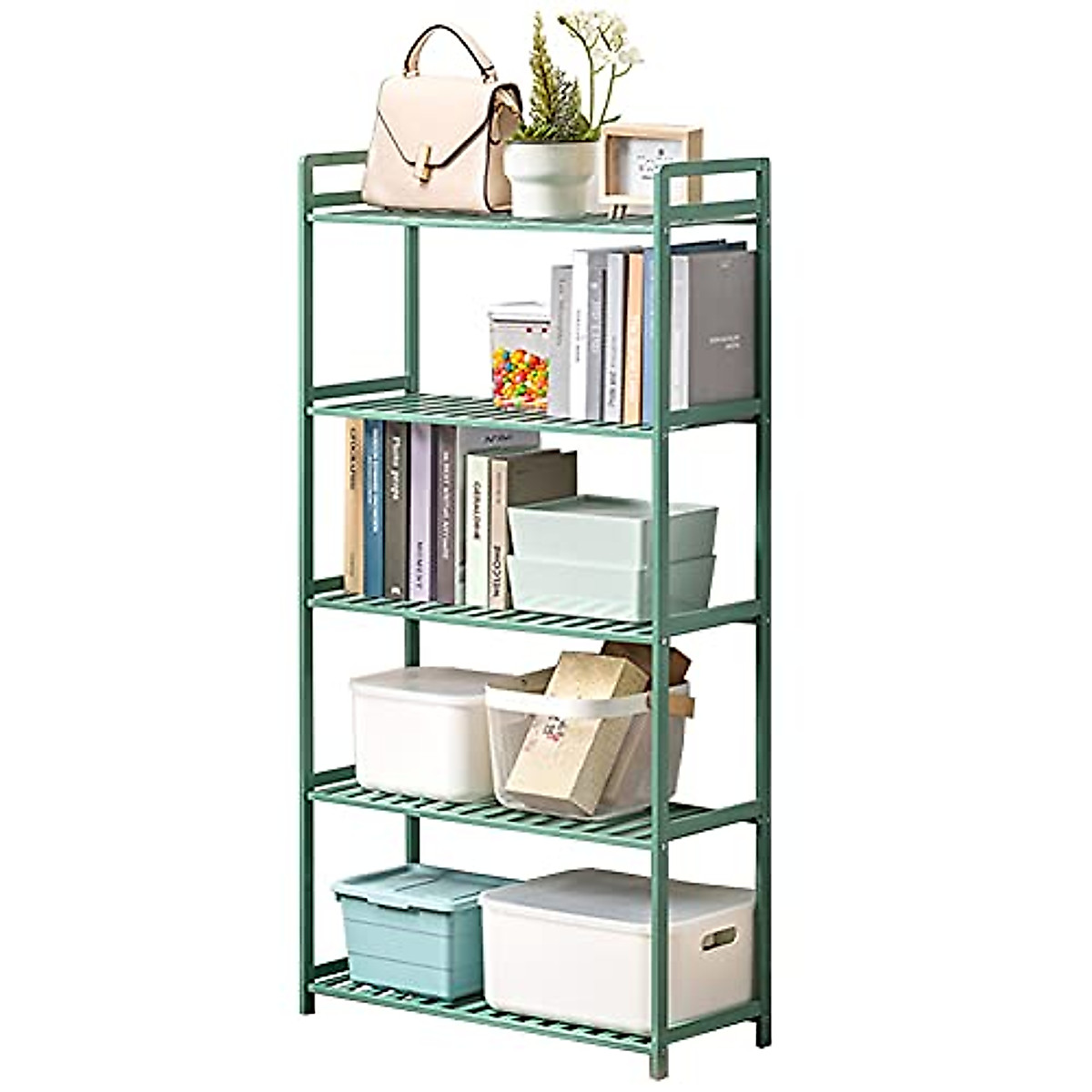 IOTXY Adjustable Multifunctional Shelving Unit - Large 5-Tier Bamboo Freestanding Shelf, Bathroom Towel Storage Shelves, Entryway Shoe Rack, Kitchen Organizer, Living Room Open Bookshelf, Light Green