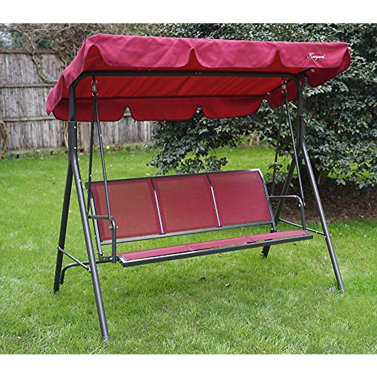 Kozyard Belle 3 Person Outdoor Patio Swing with Strong Weather Resistant Powder Coated Steel Frame and Textilence Seats (Red)