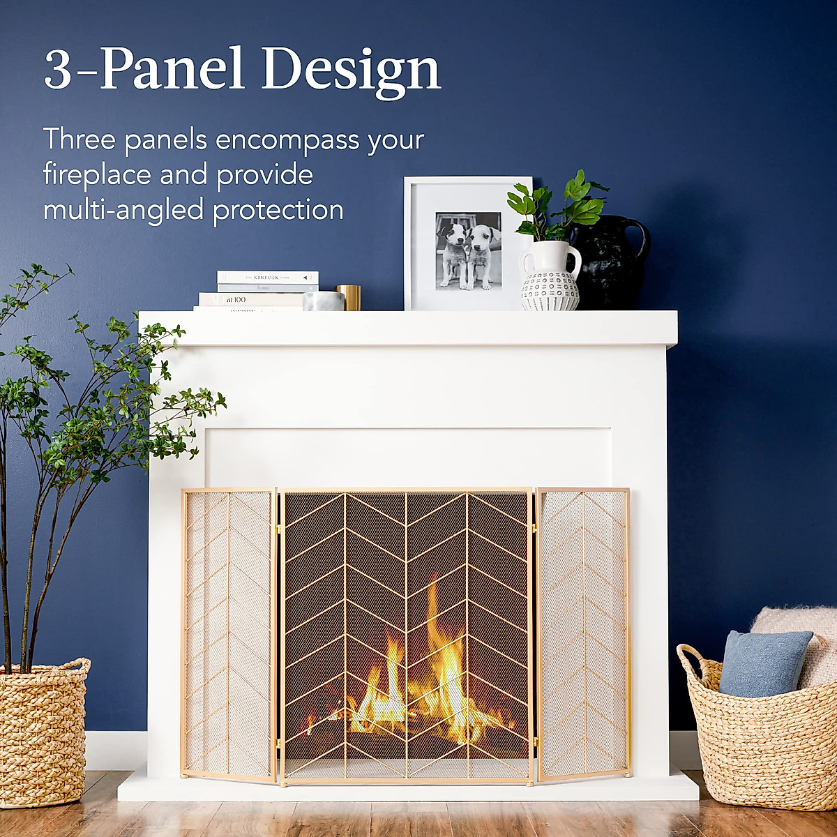 Best Choice Products 52x31in 3 Panel Chevron Fireplace Screen, Mid Century Modern Wrought Iron Hand Crafted Fire Place Guard for Living Room Home Decor, Steel Mesh - Gold