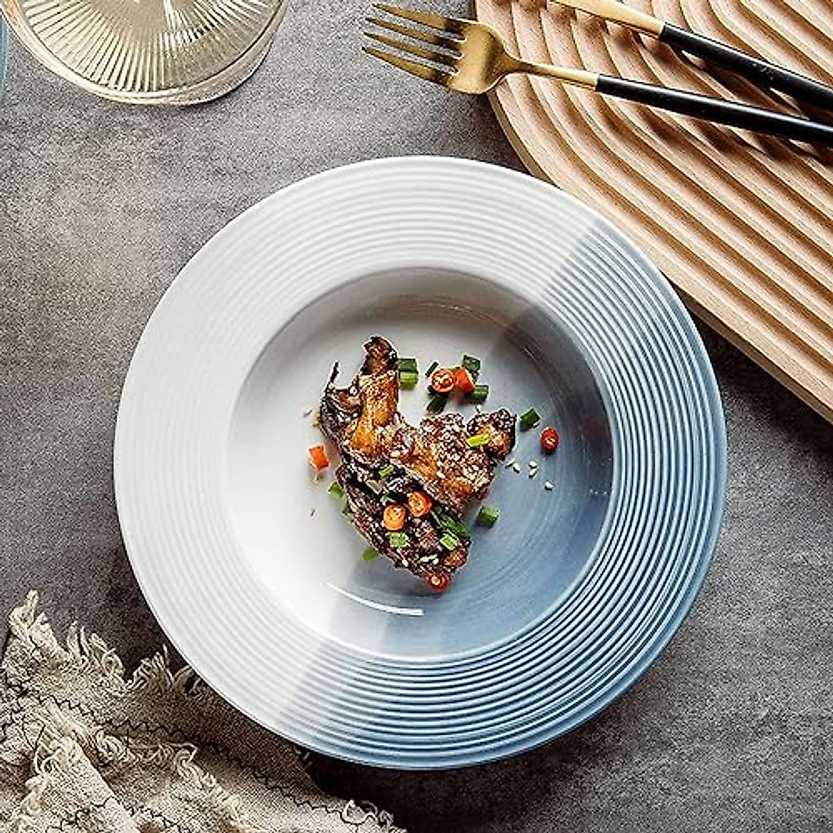 ENESEA Ramen bowl,salad bowl,fruit bowl,ramen bowl,large serving bowls,Large Ceramic Soup Plate with Rim,Large Pasta Salad Bowl,Steak. Microwave and Oven Safe,Dinner Plate-White and blue-23x23x4cm