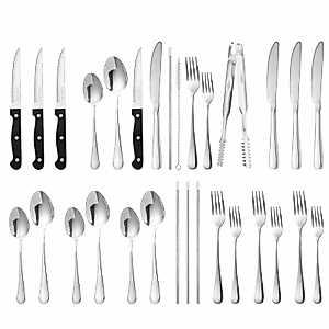 30 Pieces Silverware Sets for 4 Plus Food Tong, Stainless Steel Flatware Set with Metal Straw, DSNN Home Kitchen Utensil Cutlery Set,Include Knives Spoons and Forks