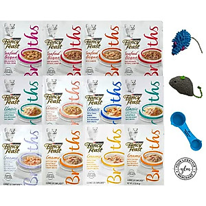 Fancy Feast Broths for Cats Variety Pack Bundle / 12 Pouches Total /2 Cat Nip Mouse Toys & Your Lifestyle Merchant Measuring Spoon