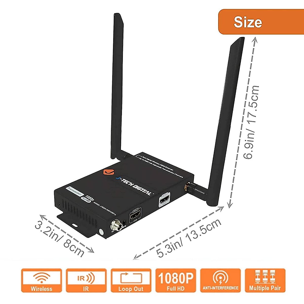J-Tech Digital Wireless HDMI Extender 1X2 up to 200ft 1080P with HDMI Loop Output IR Passthrough (1TX + 1RX)