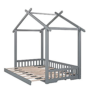 MERITLINE Twin Size House Bed with Extendable Bed, Wooden Kids Bed Frame with Twin to King Design, Platform Bed with Roof & Slat Support, No Box Spring Needed (Grey)